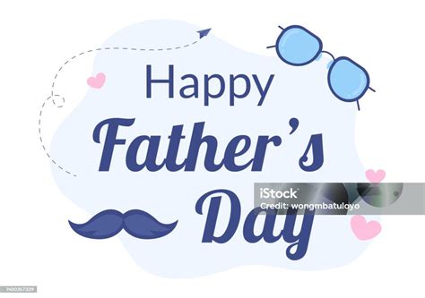 포스터 또는 인사말 카드를위한 플랫 스타일 디자인의 넥타이 콧수염 선글라스 커피 컵 또는 가방이있는 행복한 아버지의 날 만화 일러스트 레이 션 0명에 대한 스톡 벡터 아트