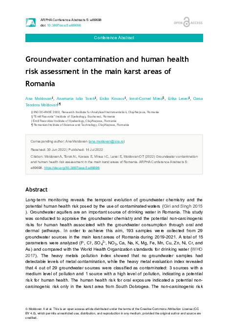 Pdf Groundwater Contamination And Human Health Risk Assessment In The Main Karst Areas Of Romania