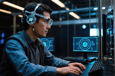 Premium Photo Man With Braincomputer Interface Conducting Research