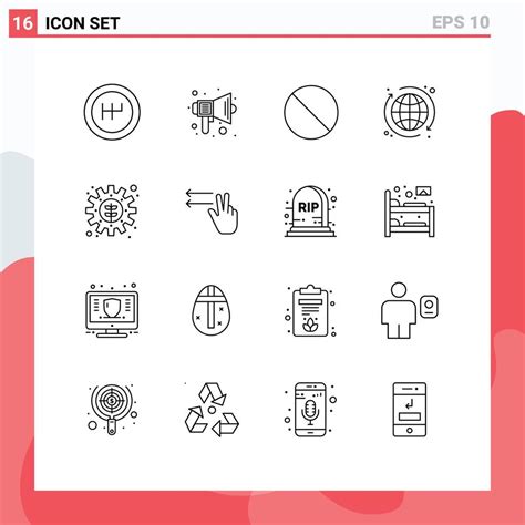 Pictogram Set Of 16 Simple Outlines Of Setting Gear Forbidden Environment Globe Editable Vector