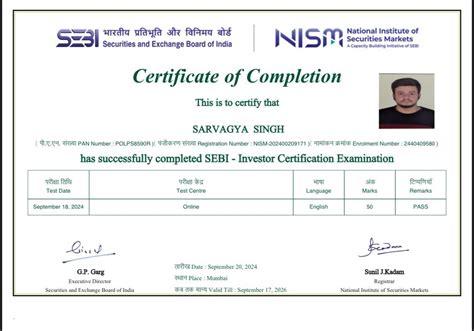 Passed Sebi Investor Certification Exam Sarvagya Singh Posted On