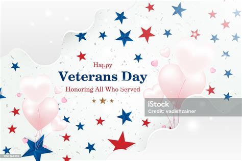 재향 군인의 날입니다 인사말 카드와 별이 빛나는 배경 및 심 혼의 형태로 풍선에 글꼴 비문 미국 공휴일 이벤트입니다 평면 벡터 일러스트 레이 션 Eps10 11월에 대한