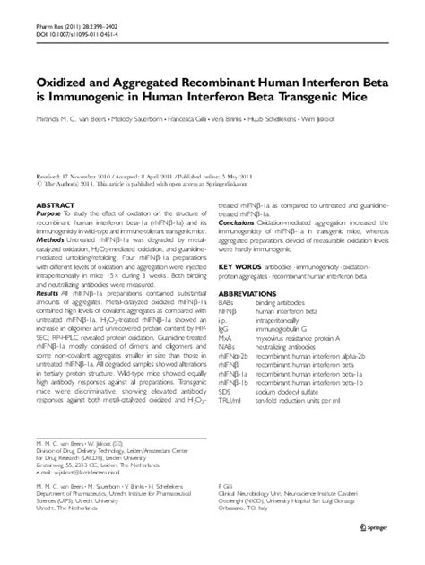 Pdf Oxidized And Aggregated Recombinant Human Interferon Beta Is Immunogenic In Human