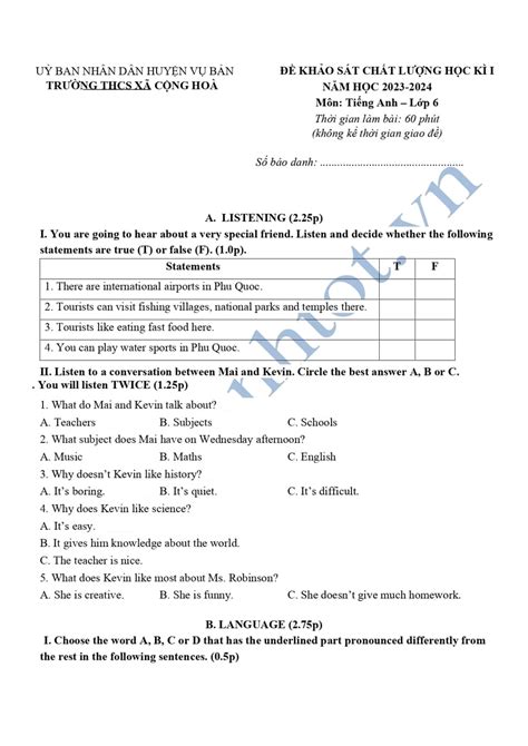 Đề thi tiếng anh lớp 6 HK1 THCS Cộng Hoà 2023 có file nghe