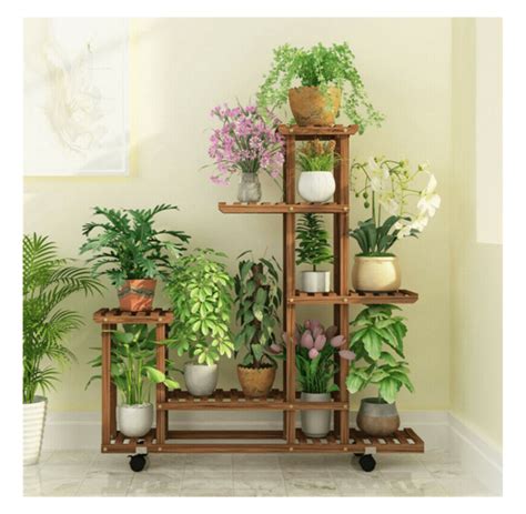 Yunwen 6 Tier Rolling Plant Stand Solid Wood Bonsai Display Shelf For