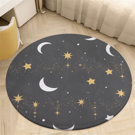 Golden Stars And Moons Pattern Round Area Rugs For Bedroom Living Room 4ft Soft Comfy Indoor