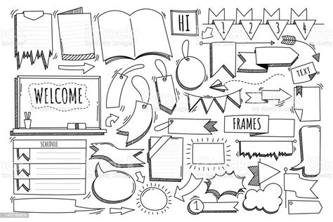 손으로 그린 낙서 벡터 요소 메시지 레이블 프레임 배너 기호 리본 화살표 장식 만화 일기 및 플래너에 대한 메모 가격에 대한 스톡 벡터 아트 및 기타 이미지 Istock