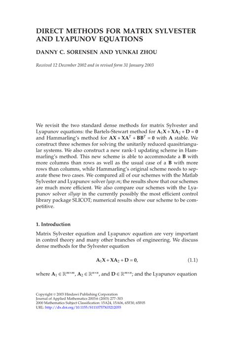 Pdf Direct Methods For Matrix Sylvester And Lyapunov Equations