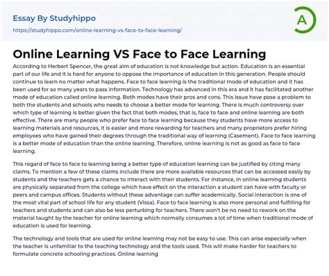 Online Learning Vs Face To Face Learning Essay Example