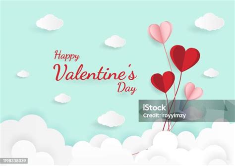 일러스트 사랑과 발렌타인 데이의 종이 아트 종이 접기 는 열기구 비행을 했다 공휴일에 대한 스톡 벡터 아트 및 기타 이미지 공휴일 구름 귀여운 Istock