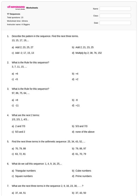 50 Sequences And Series Worksheets For Year 7 On Wayground Free