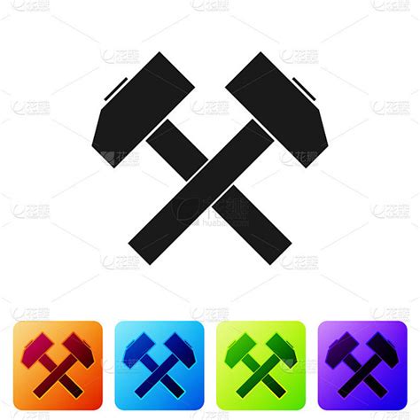 黑色两个交叉的锤子图标孤立在白色背景上。修复的工具。设置图标在颜色方形按钮。矢量图