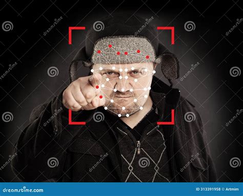 Facial Recognition And Crime Concept Man Pointing Finger At Technology