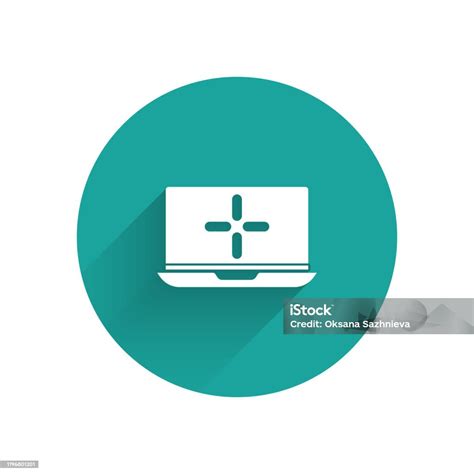 긴 그림자로 격리 된 흰색 노트북 아이콘 빈 화면 기호가 있는 컴퓨터 전자 필기장 녹색 원 버튼입니다 벡터 일러스트레이션 0명에 대한 스톡 벡터 아트 및 기타 이미지