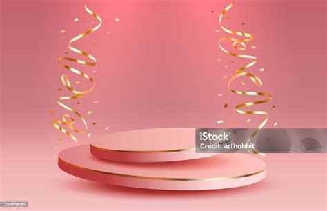 색종이 조각과 리본이 있는 실린더 연단 배경입니다 제품 프리젠 테이션 모형 쇼 제품 연단 무대 받침대 또는 플랫폼 벡터 일러스트 레이 션 3차원 형태에 대한 스톡 벡터 아트