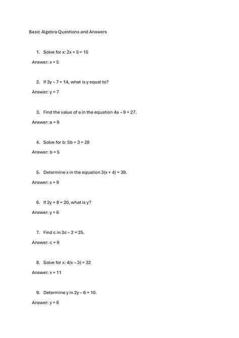 Algebra Equations Solver Basic Algebra Questions And Answers Exercises Mathematics Docsity