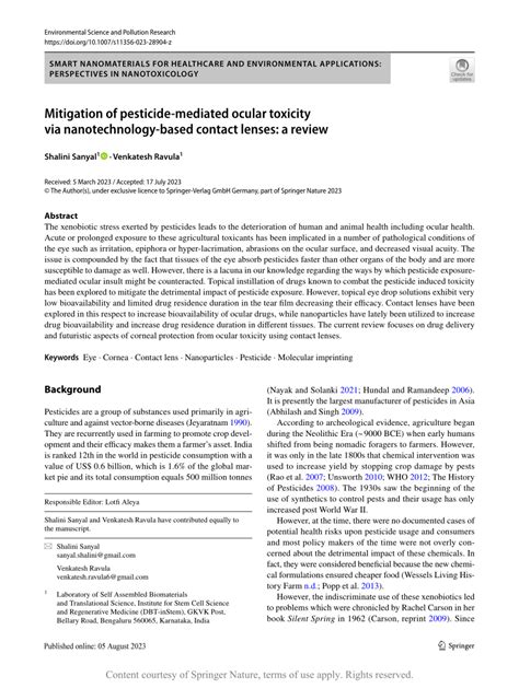 Mitigation Of Pesticide Mediated Ocular Toxicity Via Nanotechnology Based Contact Lenses A Review