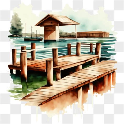 Baixe Pintura em Aquarela de Antigo Cais de Madeira perto da Água com