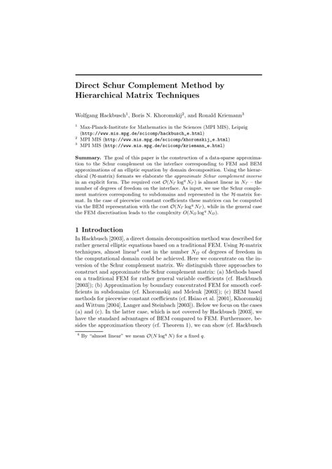 Pdf Direct Schur Complement Method By Hierarchical Matrix Techniques