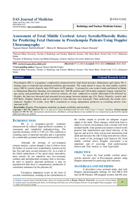 Pdf Assessment Of Fetal Middle Cerebral Artery Systolic Diastolic Ratio For Predicting Fetal