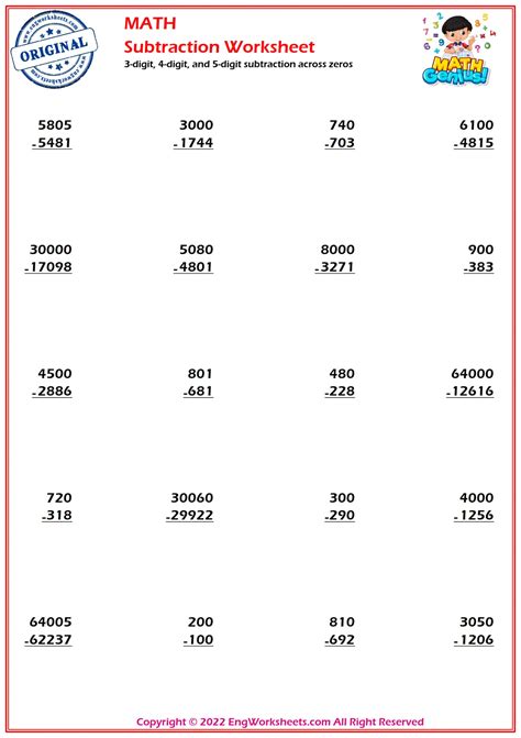 3 Digits 4 Digits And 5 Digits Subtraction Across Zeros Worksheets Library