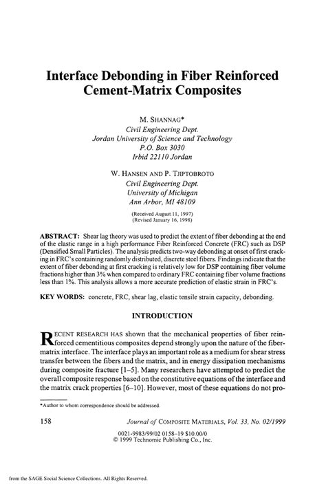Pdf Interface Debonding In Fiber Reinforced Cement Matrix Composites