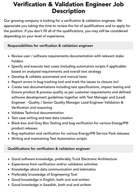 Verification And Validation Engineer Job Description Velvet Jobs
