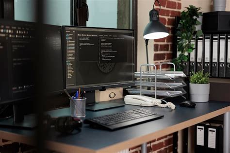 empty office with nobody in it containing multiple displays showing