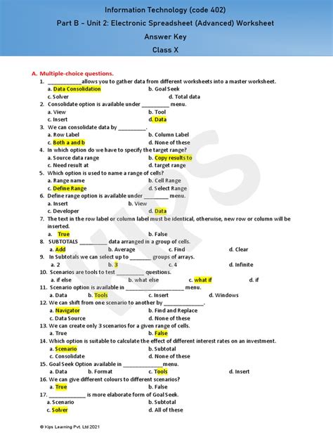 Unit2 Spreadsheets Worksheet Mcqsanskey Classx Part B Pdf