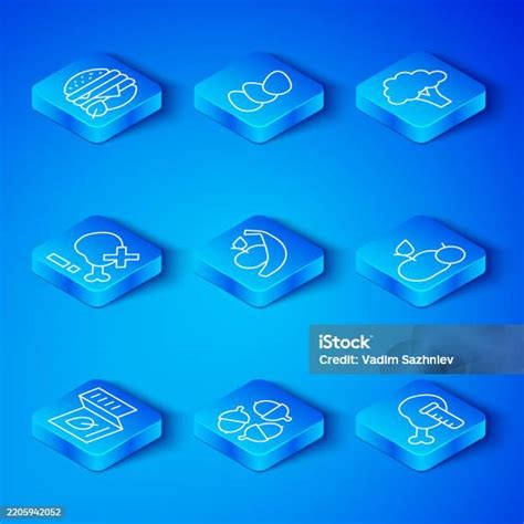 세트 라인 채식 음식 메뉴 사과와 바나나 도토리 브로콜리 닭 다리 없음 비건 식단 및 유전자 변형 아이콘 벡터 3차원 형태에 대한 스톡 벡터 아트 및 기타 이미지 Istock