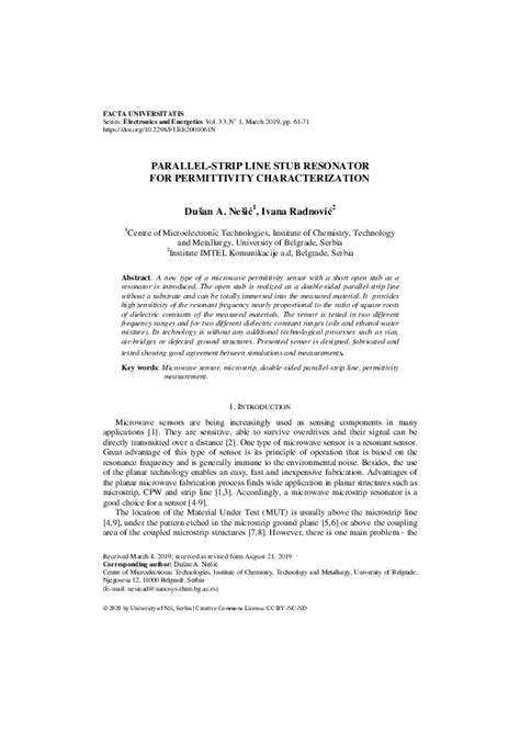 pdf parallel strip line stub resonator for permittivity characterization
