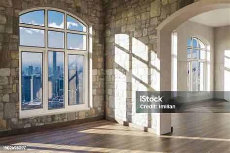 아치형 창문과 미니멀한 인테리어 거실 디자인을 갖춘 고급스러운 로프트 아파트 3d 일러스트레이션 0명에 대한 스톡 사진 및 기타 이미지 Istock