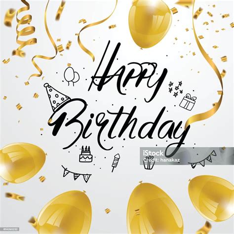 행복 한 생일 인사말 카드 버전 일러스트 레이 션 골든 색종이 디자인과 골드 풍선 공연에 대한 스톡 벡터 아트 및 기타 이미지 공연 금 금속 기념일 Istock