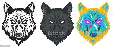 흰색 배경에 고립 된 손으로 그린 스케치 스타일의 컬렉션 늑대 머리 라벨 이나 포스터에 대 한 현대 그래픽 디자인 요소 벡터 아트 일러스트레이션 개에 대한 스톡 벡터 아트