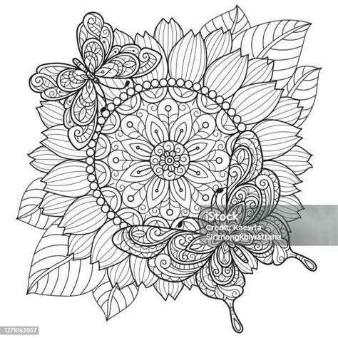 낙서선플라워와 나비의 성인 색칠 페이지 일러스트 스타일 해바라기에 대한 스톡 벡터 아트 및 기타 이미지 해바라기 흑백 0명 Istock