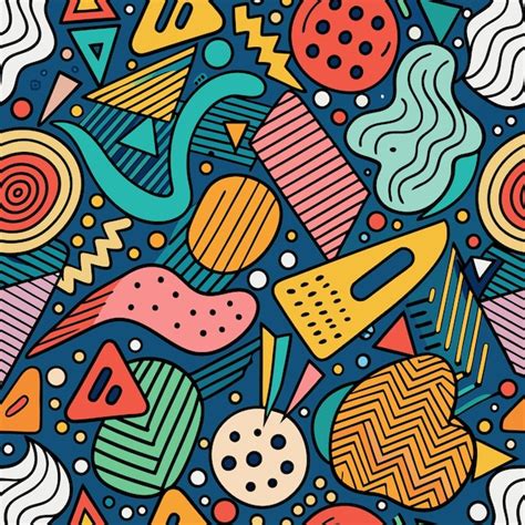 Abstract Geometric Pattern With Colorful Shapes Lines And Circles On A Dark Blue Background