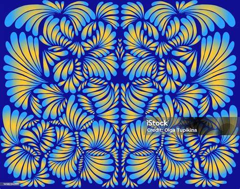 파란색과 노란색의 다채로운 환각제 만다라 지원 우크라이나 진한 파란색 배경에 고립 된 패턴 세련된 카드 강렬하고 밝은 색상에