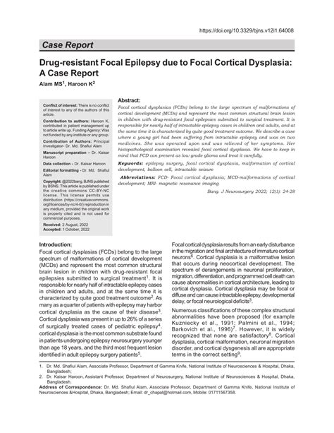 Pdf Drug Resistant Focal Epilepsy Due To Focal Cortical Dysplasia A Case Report