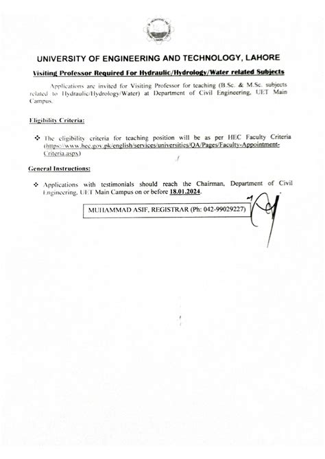 Visiting Professor Required For Hydraulic Hydrology Water Related Subjects In Uet Lahore