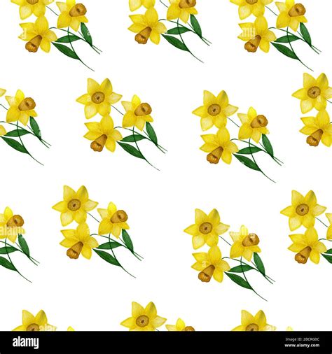 Seamless Repeat Pattern With Yellow Daffodil Flower Bouquet Springtime