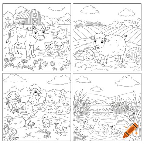 Black And White Illustration Panels For A Coloring Book Featuring Farm