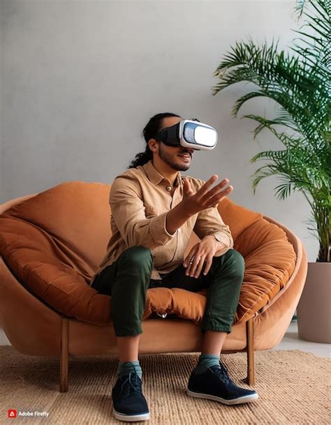 A Man Virtual Reality Headset Is In A Living Room With A Plant On The