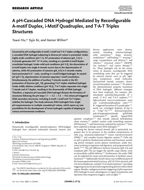 A Ph‐cascaded Dna Hydrogel Mediated By Reconfigurable A‐motif Duplex I‐motif Quadruplex And T