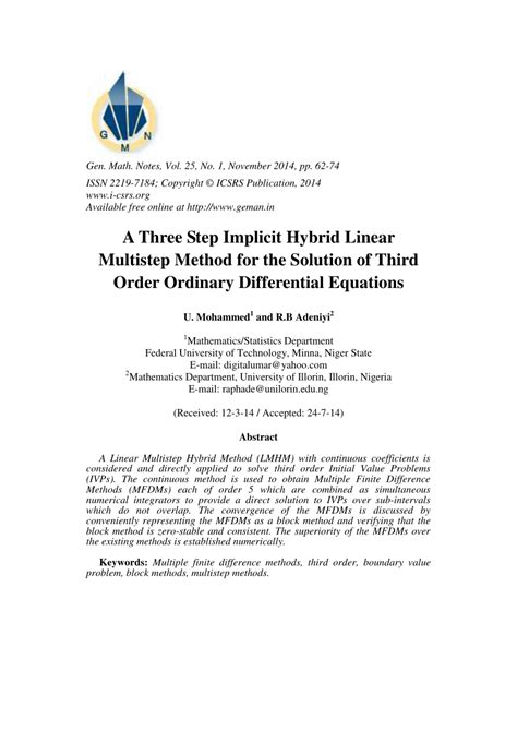 Pdf A Three Step Implicit Hybrid Linear Multistep Method For The