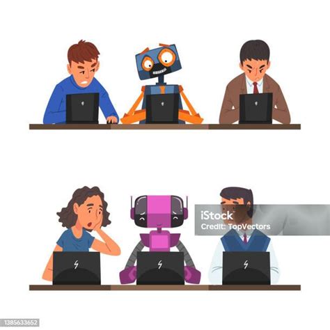 랩톱 벡터 세트에서 작업하는 로봇과 경쟁하는 남자와 여자 직원 컴퓨터에 대한 스톡 벡터 아트 및 기타 이미지 컴퓨터 개체 그룹 고용과 노동 Istock
