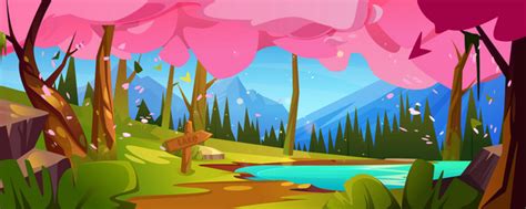 Spring Mountain River Landscape With Sakura Trees Vector Image