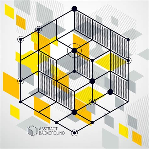 Isometric Abstract Yellow Background With Linear Dimensional Cub Stock Illustration