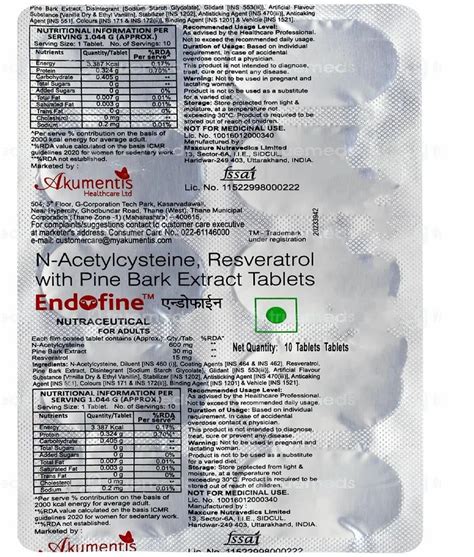 Endofine Tablets N Acetylcysteine 600mg Pine Bark Extract 30mg And