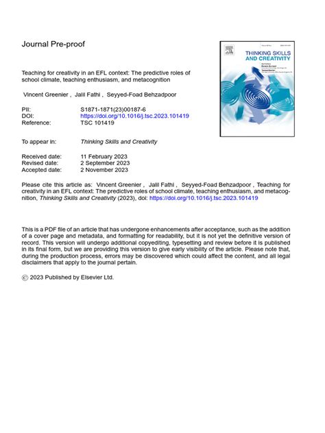 Teaching For Creativity In An Efl Context The Predictive Roles Of