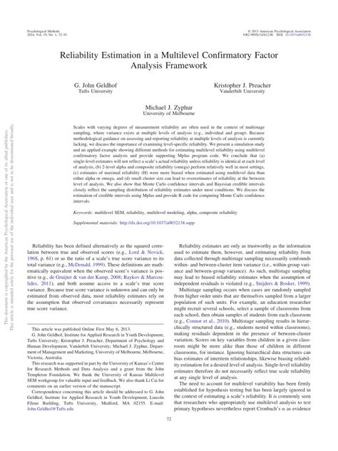 Reliability Estimation In A Multilevel Confirmatory Factor Analysis